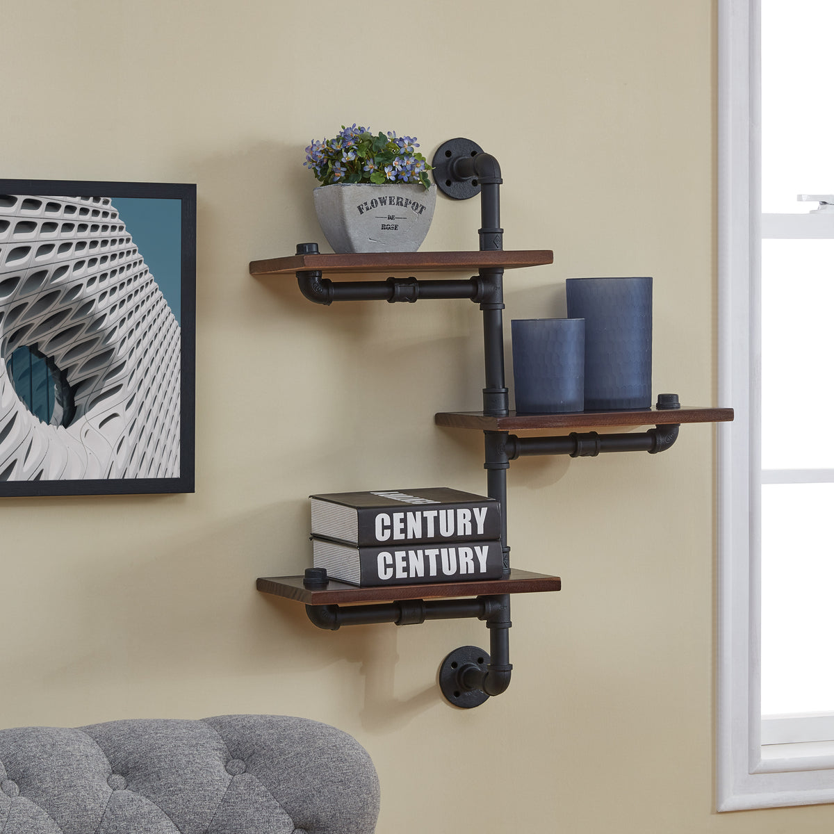 3-Tier Vertical Floating Staggered Industrial Rustic Pipe Wall Mount S ...
