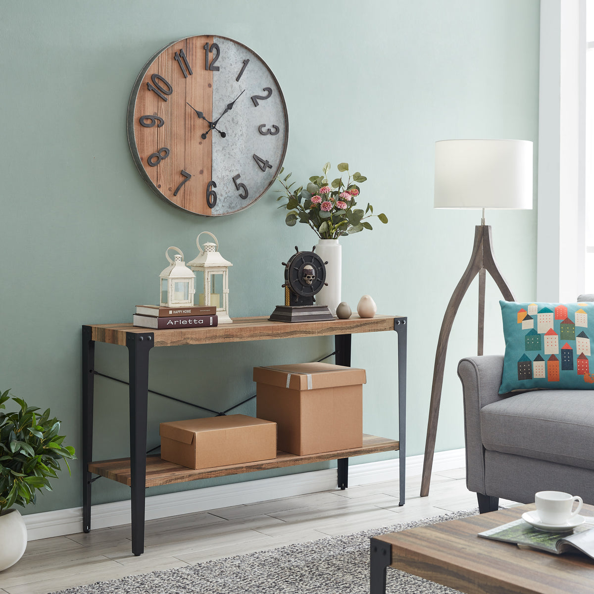 Modern Industrial Console Table in Distressed Wood Finish with Metal ...